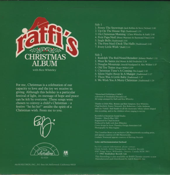 Raffi (2) With Ken Whiteley - Raffi's Christmas Album - Recycled Records Lp