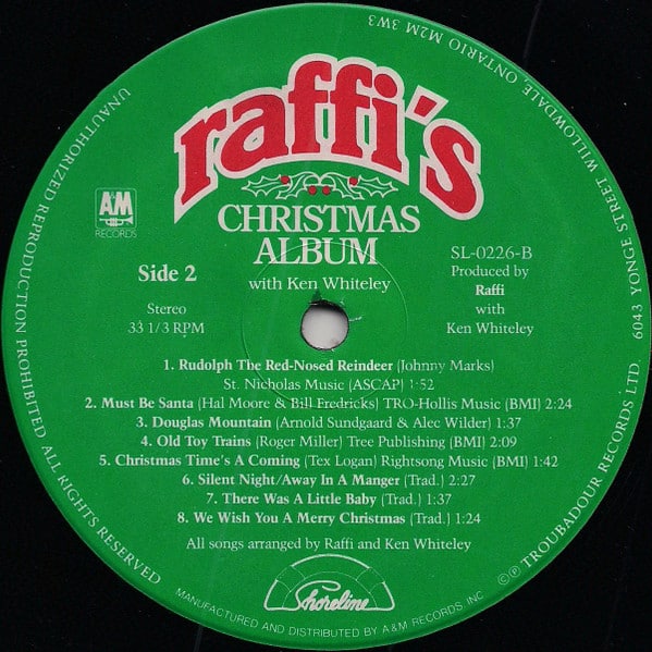 Raffi (2) With Ken Whiteley - Raffi's Christmas Album - Recycled Records Lp